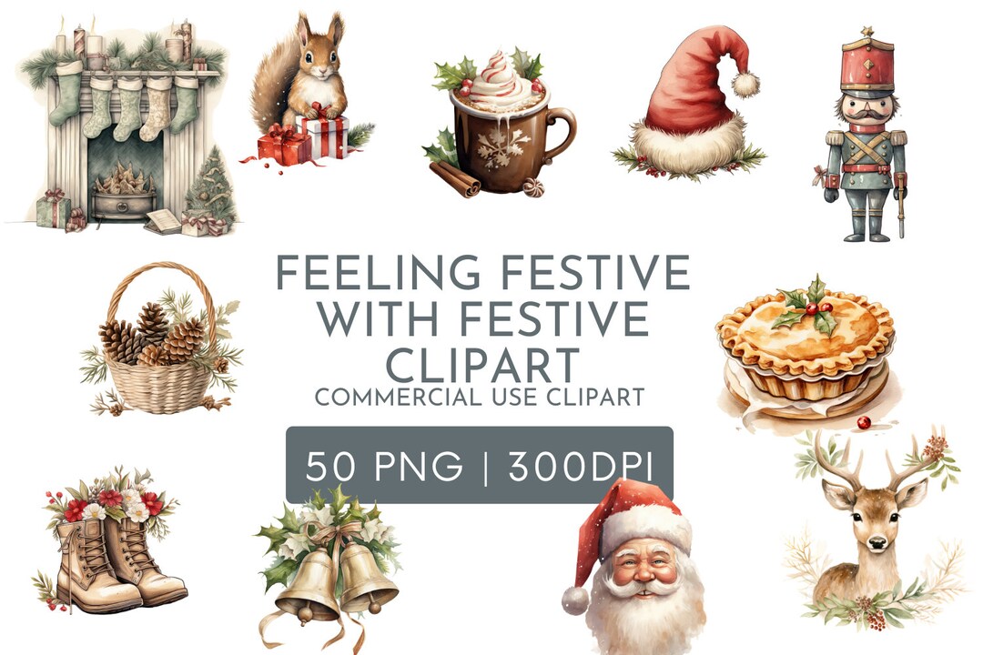 Christmas Watercolor Clipart PNG Bundle , Big Bundle Festive Clipart ...