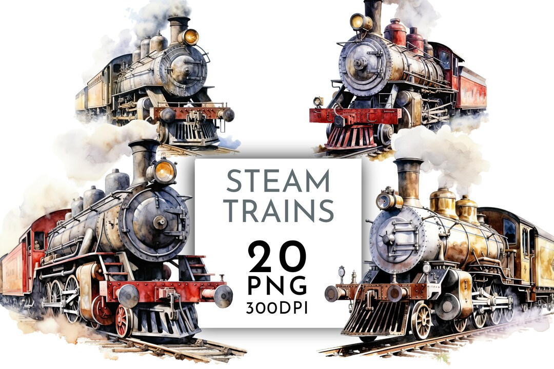 Watercolor Steam Train Clipart PNG Bundle , Vintage Train Transport ...