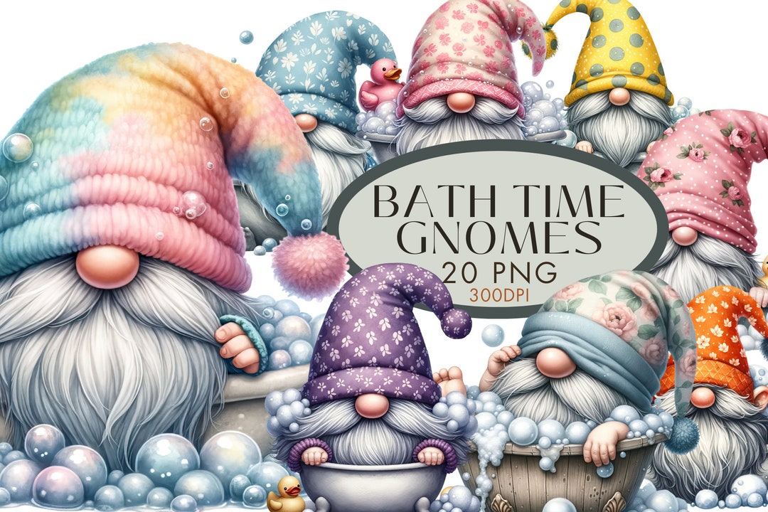 Bath Tub Gnomes Clipart PNG Bundle, Bathing Bubble Bath Pamper Gnome Watercolor Clipart for ...