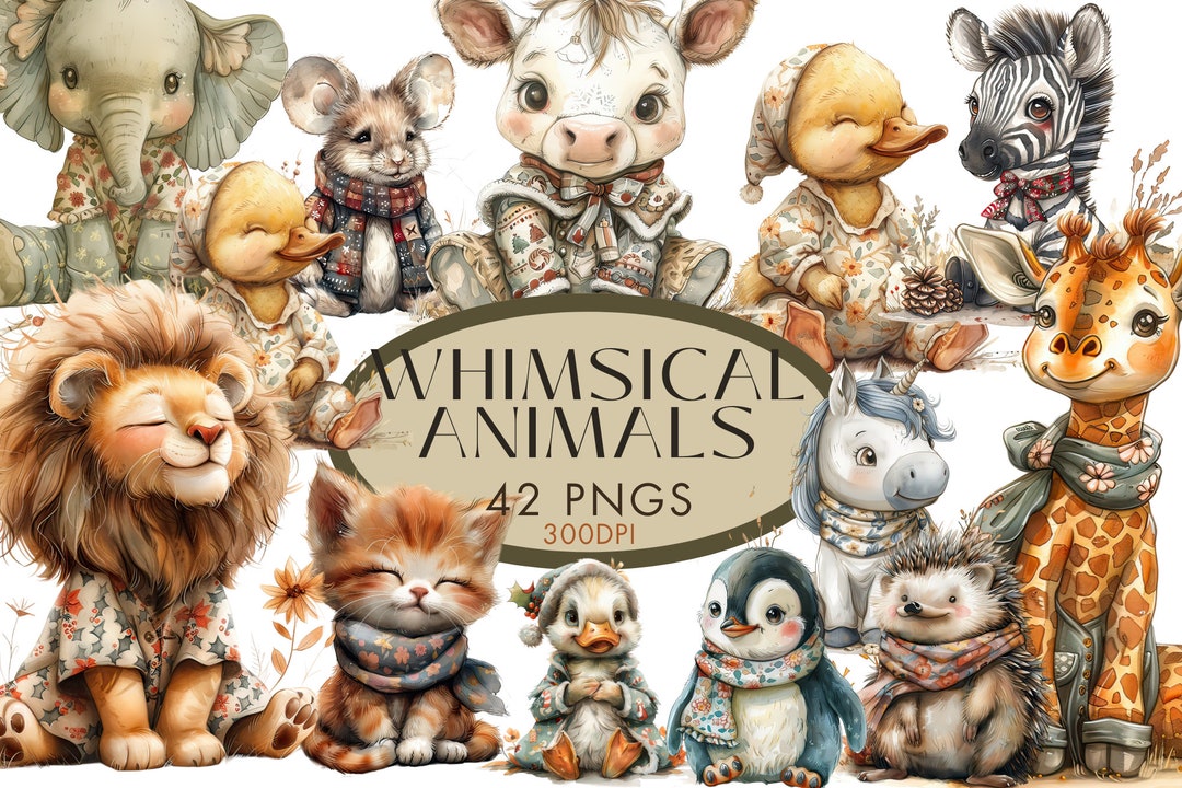 Cute Whimsical Animals Clipart PNG Bundle, Bunny Mouse Vintage Nursery ...