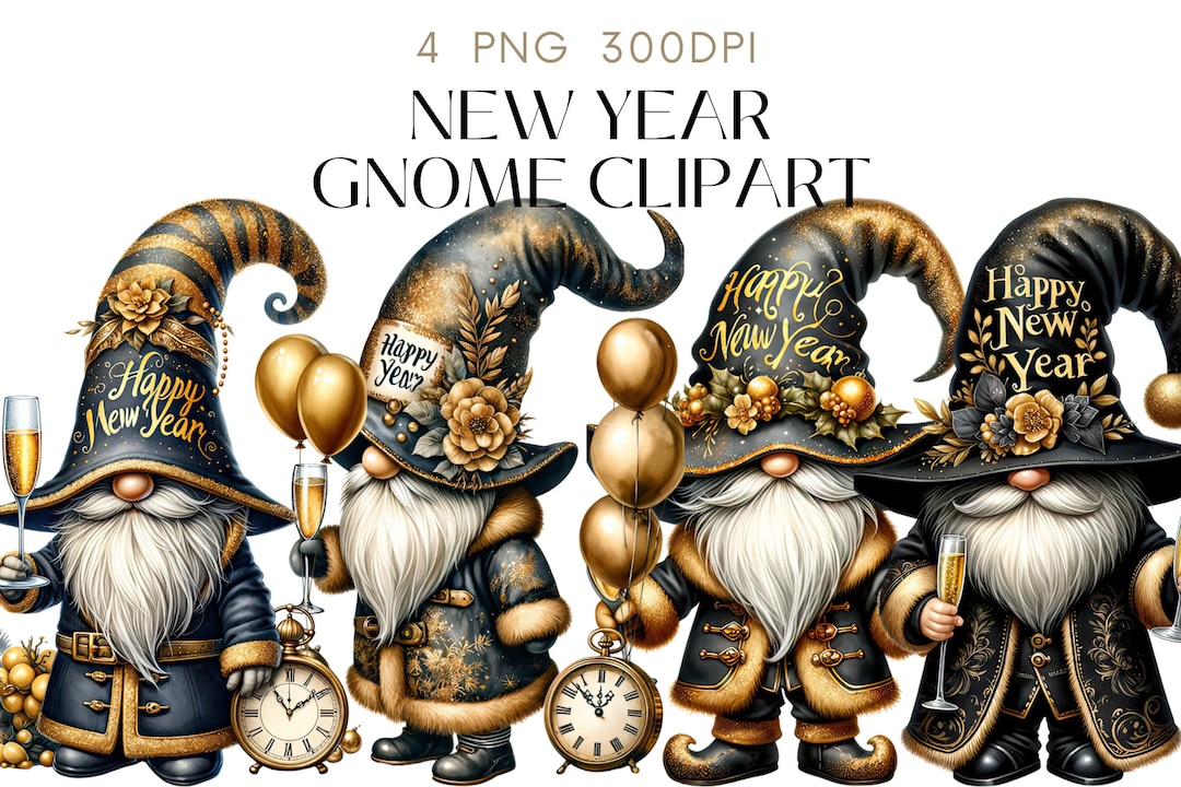 New Years Gnome Clipart Illustration Watercolor PNG Set 4 Xmas Festive ...