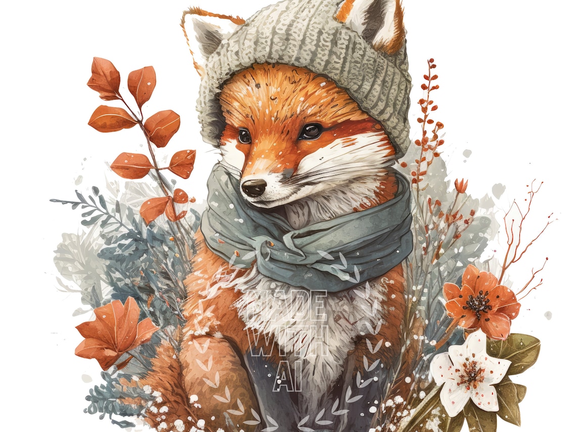 Winter Fox Clipart Nursery Clipart Floral Clipart Fox - Etsy