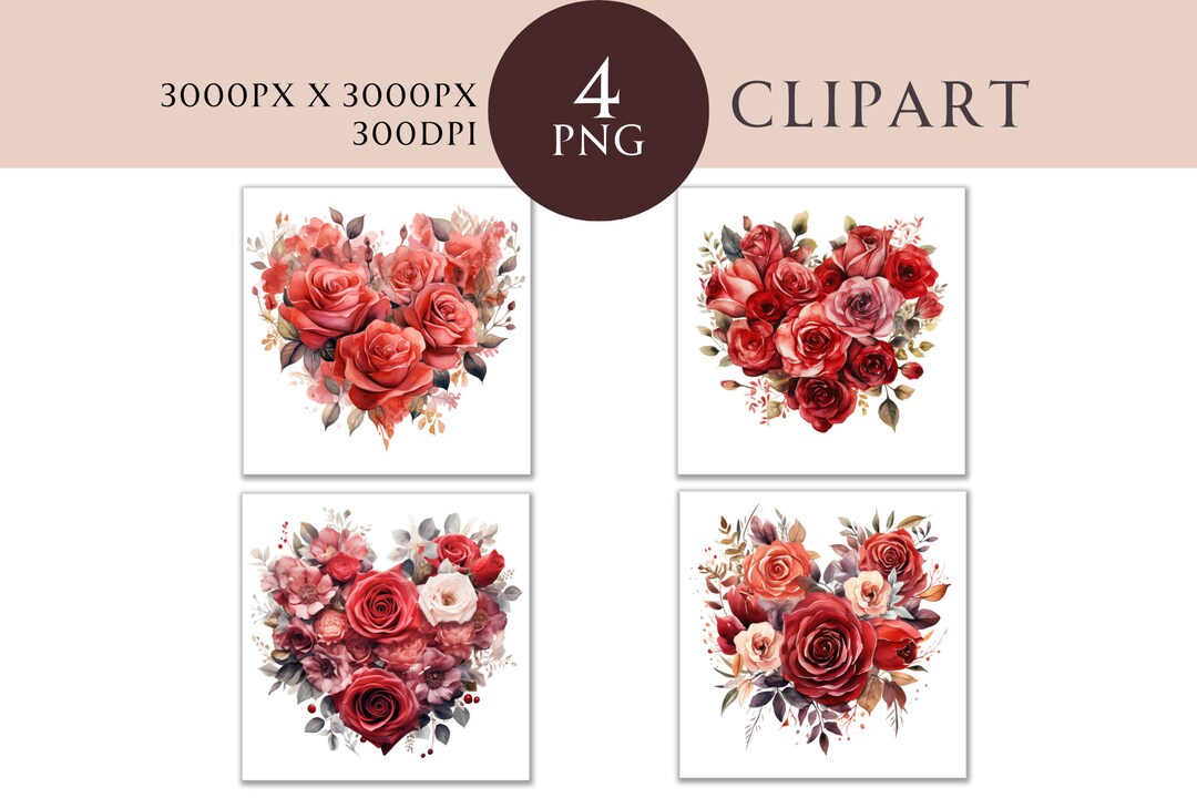 Red Roses Heart Bouquet Valentine Clipart Watercolor PNG Set 4 Romantic ...