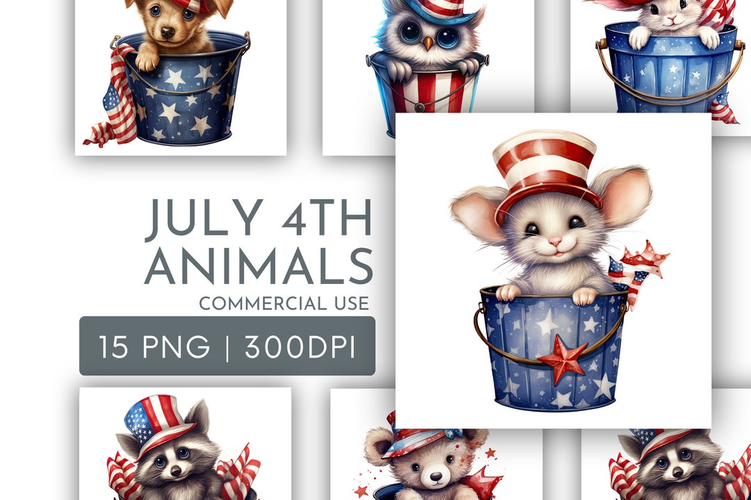 July 4th Watercolor Clipart PNG Bundle , Cute Independence Day Animals ...