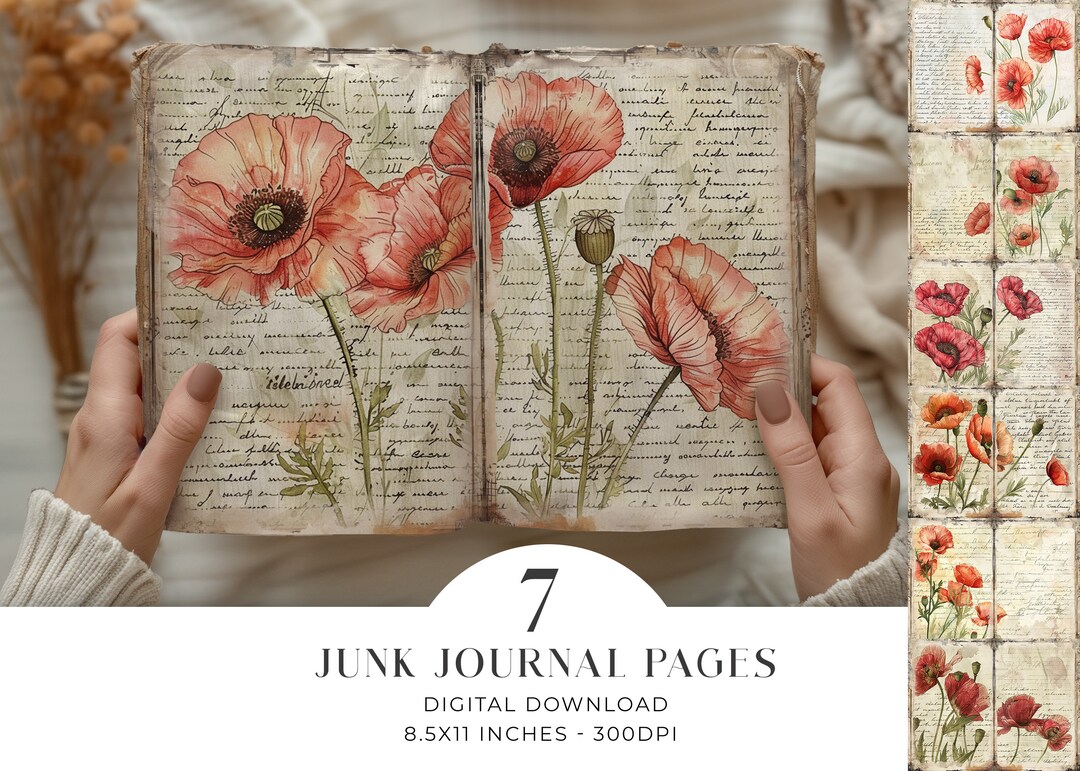 Red Poppy Junk Journal Pages 7 Digital Journal Bifold Pages Watercolor ...