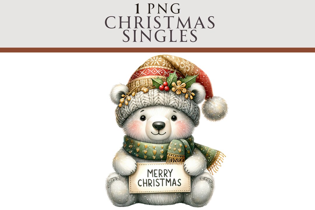 Christmas Polar Bear Clipart, Festive Bear Clipart, Xmas Illustration ...