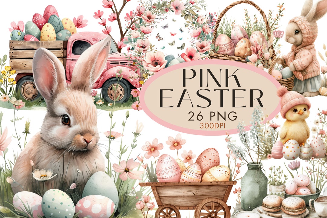 Pink Easter Watercolour Clipart PNG Bundle, Chick Egg Bunny Basket ...