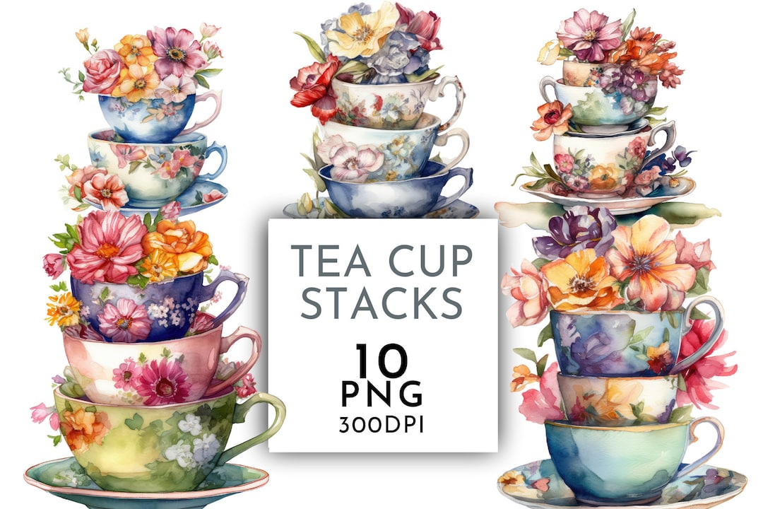 Tea Cup Stacks With Flowers Clipart PNG, Junk Journaling, Flower ...