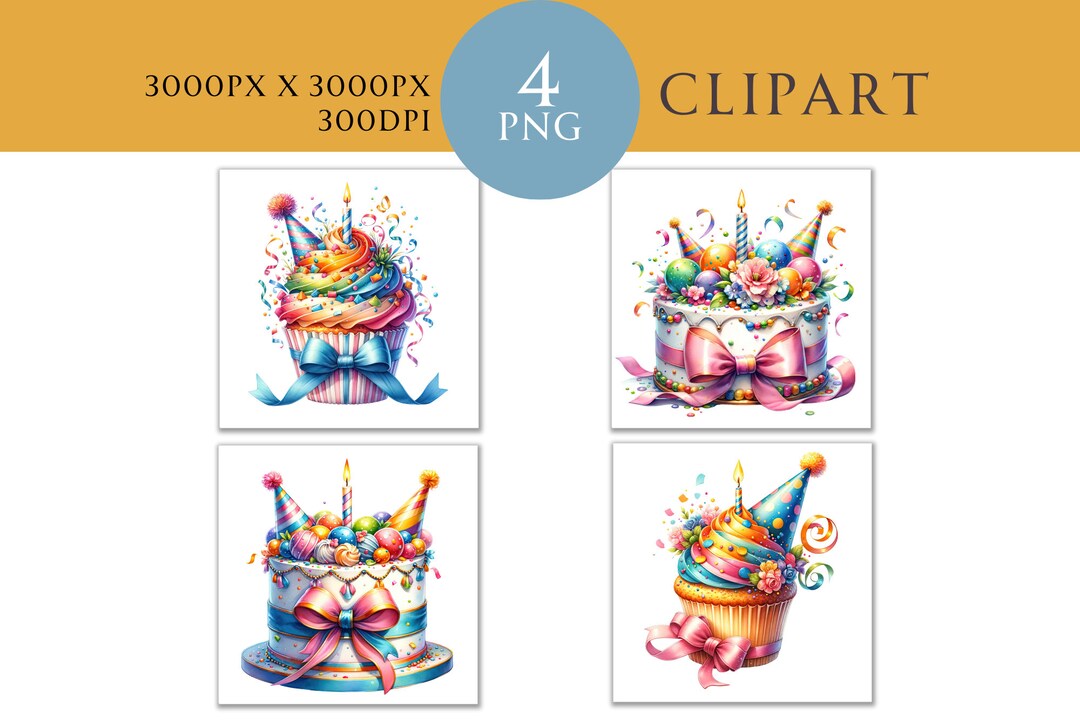 Birthday Cupcake Clipart Watercolor PNG Set 4 Celebration Cake, Cupcake ...