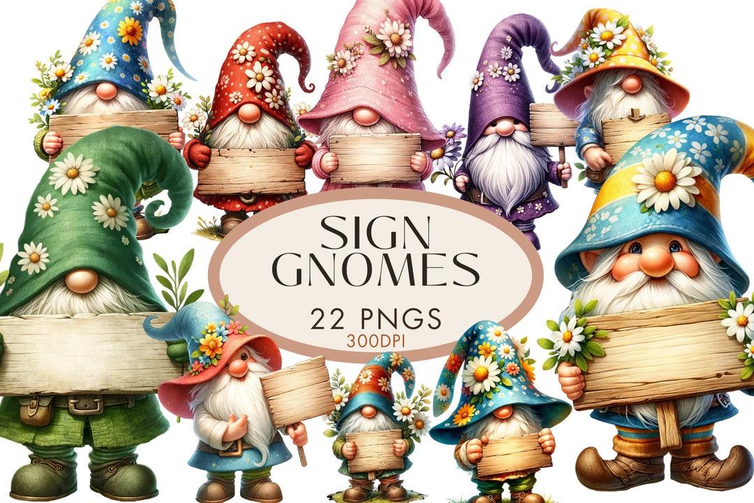 Sign Gnomes Watercolor Clipart PNG, Gnomes With Blank Wood Signs Gonks ...