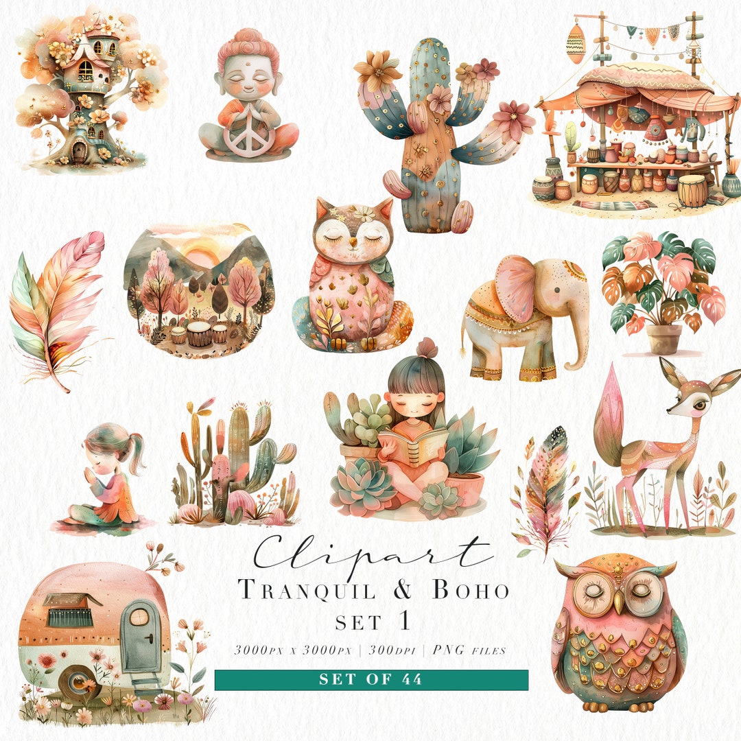 Watercolor Boho Clipart Bundle, Hippie Nursery Clipart, Cactus Feathers ...
