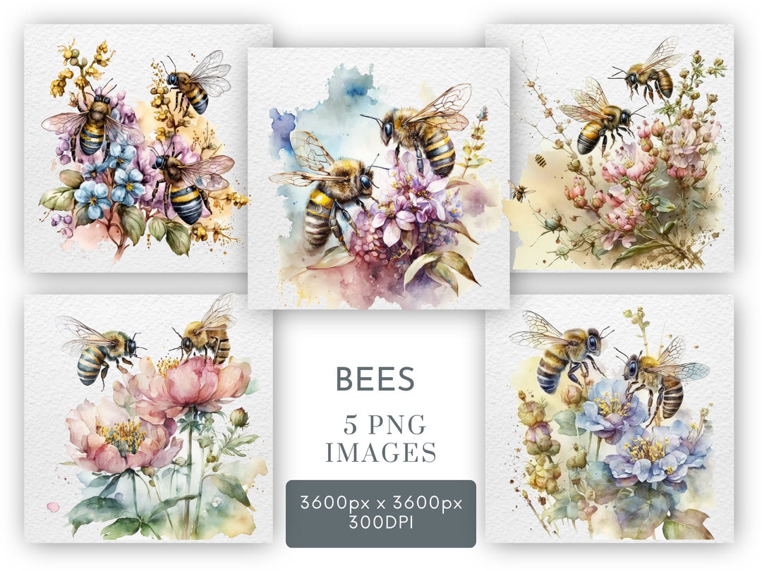 Bees on Flowers Watercolor , Bee Clipart PNG, Scrapbooking, Card Making ...