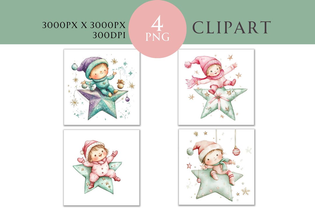 Christmas Baby Watercolor Clipart PNG Set 4 , Star Moon, Card Invite ...