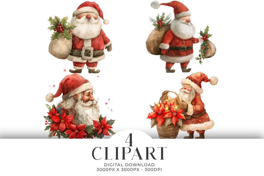 Santa Claus Watercolor Clipart PNG Set 4 , Father Christmas PNG ...