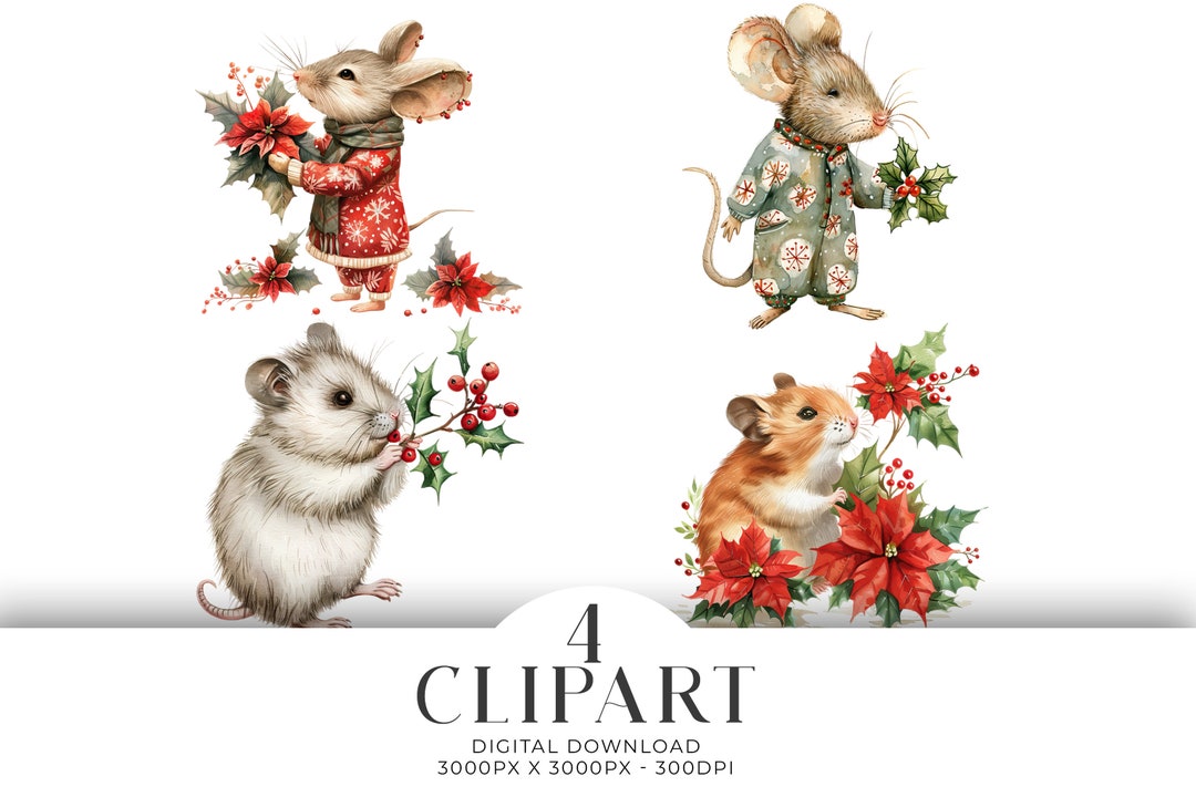 Christmas Mouse Watercolor Clipart: Poinsettia & Holly (PNG Digital ...