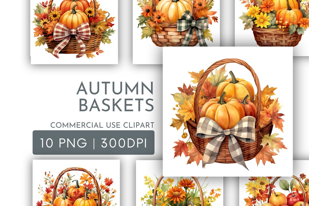 Autumn Clipart Pack, Pumpkin Basket Clipart for Commercial Use, Fall ...