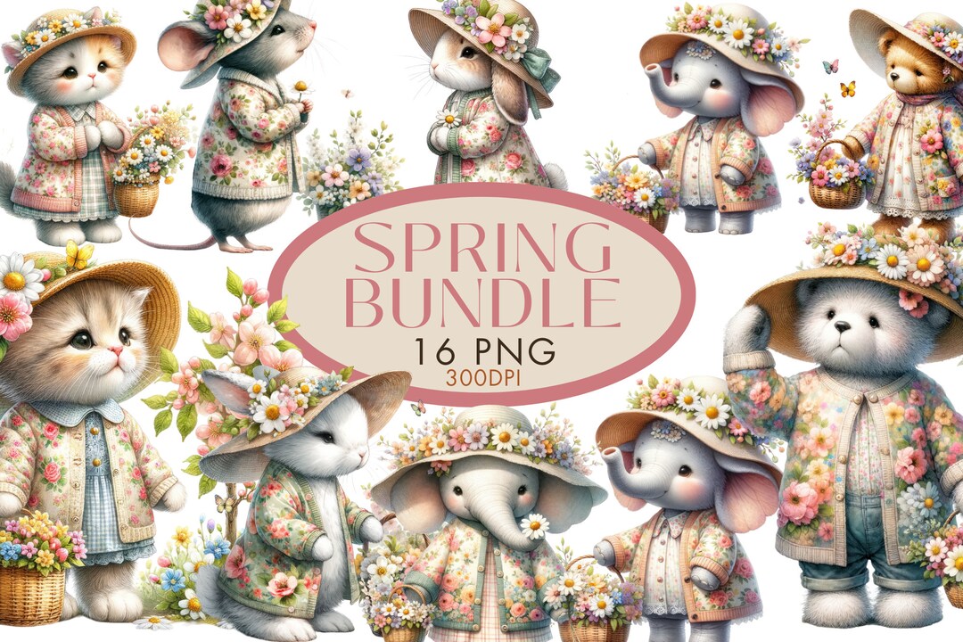 Spring Clipart PNG Bundle, Teddy Bear Puppy Kitten Lion Elephant Lamb ...