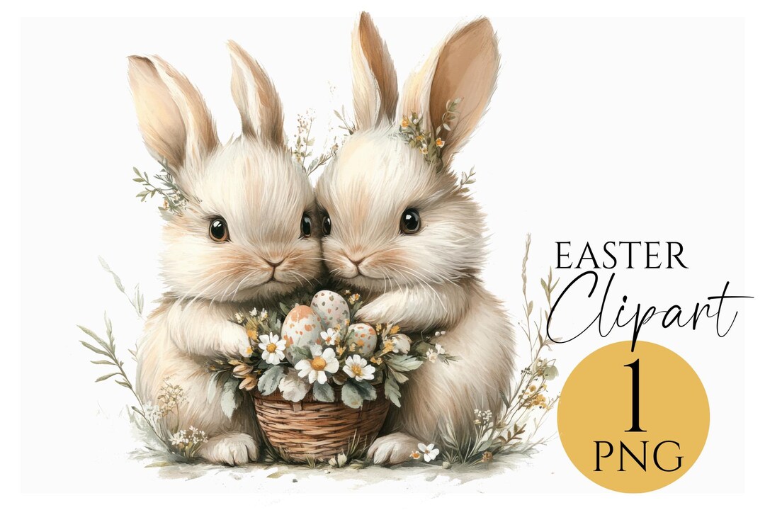 Easter Bunnies Clipart PNG, Cute Rabbit With Basket, Floral Spring ...