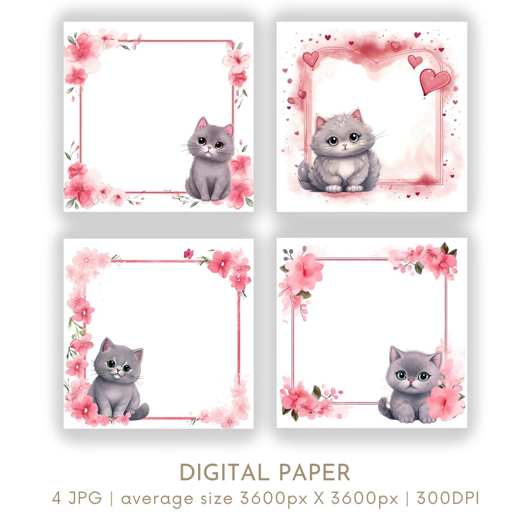 Floral Cat Digital Paper Set | Cute Kitten Designs With Pink Flowers ...