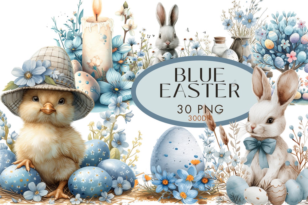 Blue Easter Watercolour Clipart PNG Bundle, Chick Egg Bunny Basket ...