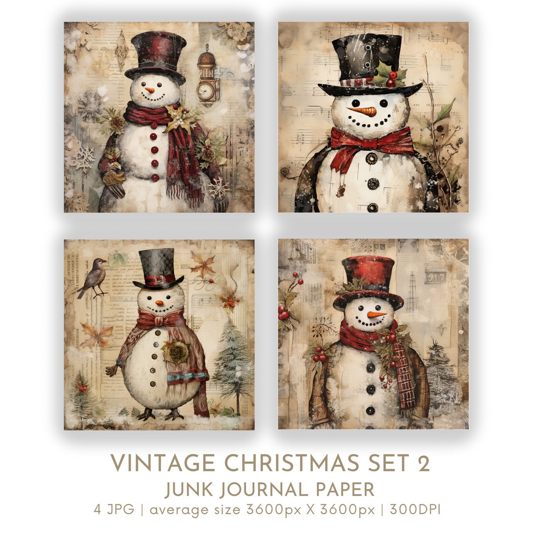 Vintage Snowman Digital Paper Set 4 JPG Christmas Festive Junk Journal ...