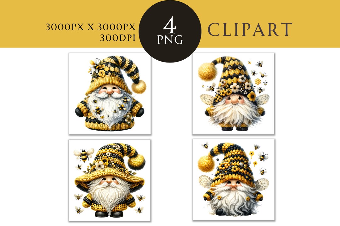 Bee Gnomes Clipart PNG Set 4 Bee Gonks Bumble Bee Black Yellow ...