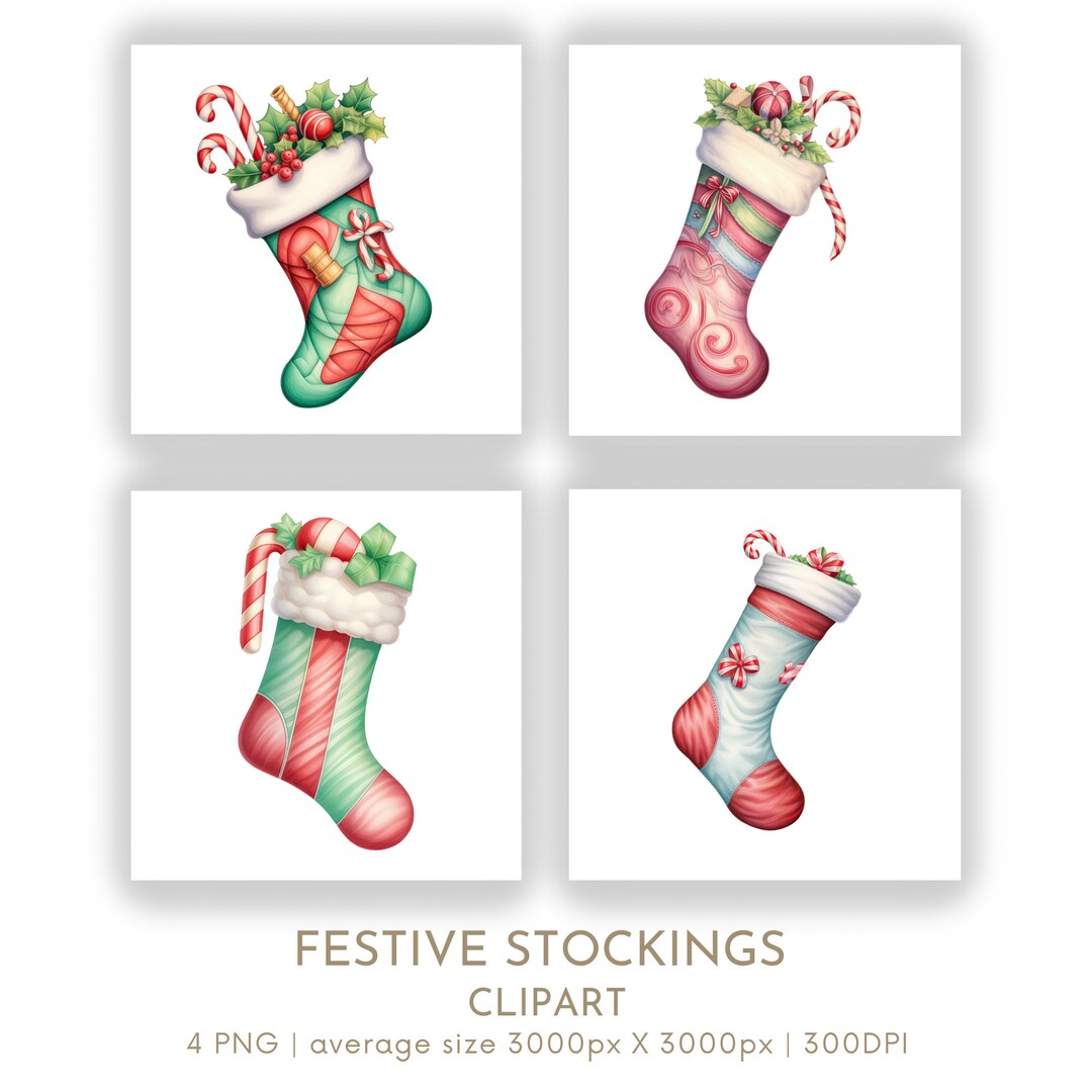 Christmas Stocking Watercolor Clipart PNG Set 4 , Festive Xmas Clipart ...