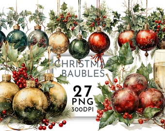 Watercolor Christmas Baubles Clipart PNG Bundle , Festive Holly Hanging ...