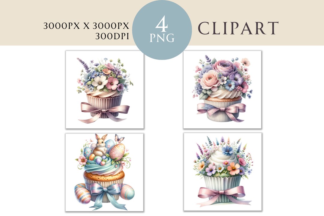 Easter Cupcakes Clipart Watercolor PNG Set 4 Celebration Spring Mothers ...