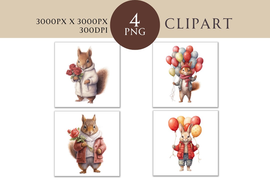 Cute Valentine Clipart Watercolor PNG 4 Romantic Animal Illustration ...