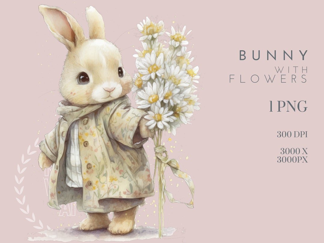 Easter Bunny With Flowers Clipart , Nursery Spring Clipart , Daisy ...