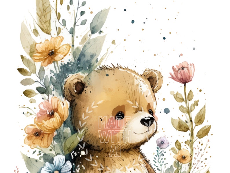 Bear in Flowers Watercolor Clipart PNG Summer Animals - Etsy