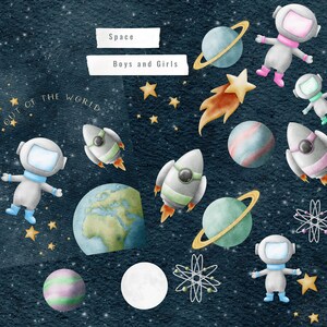 Space Watercolor Illustration, Blue Spaceman Pink Space Girl, Stars ...