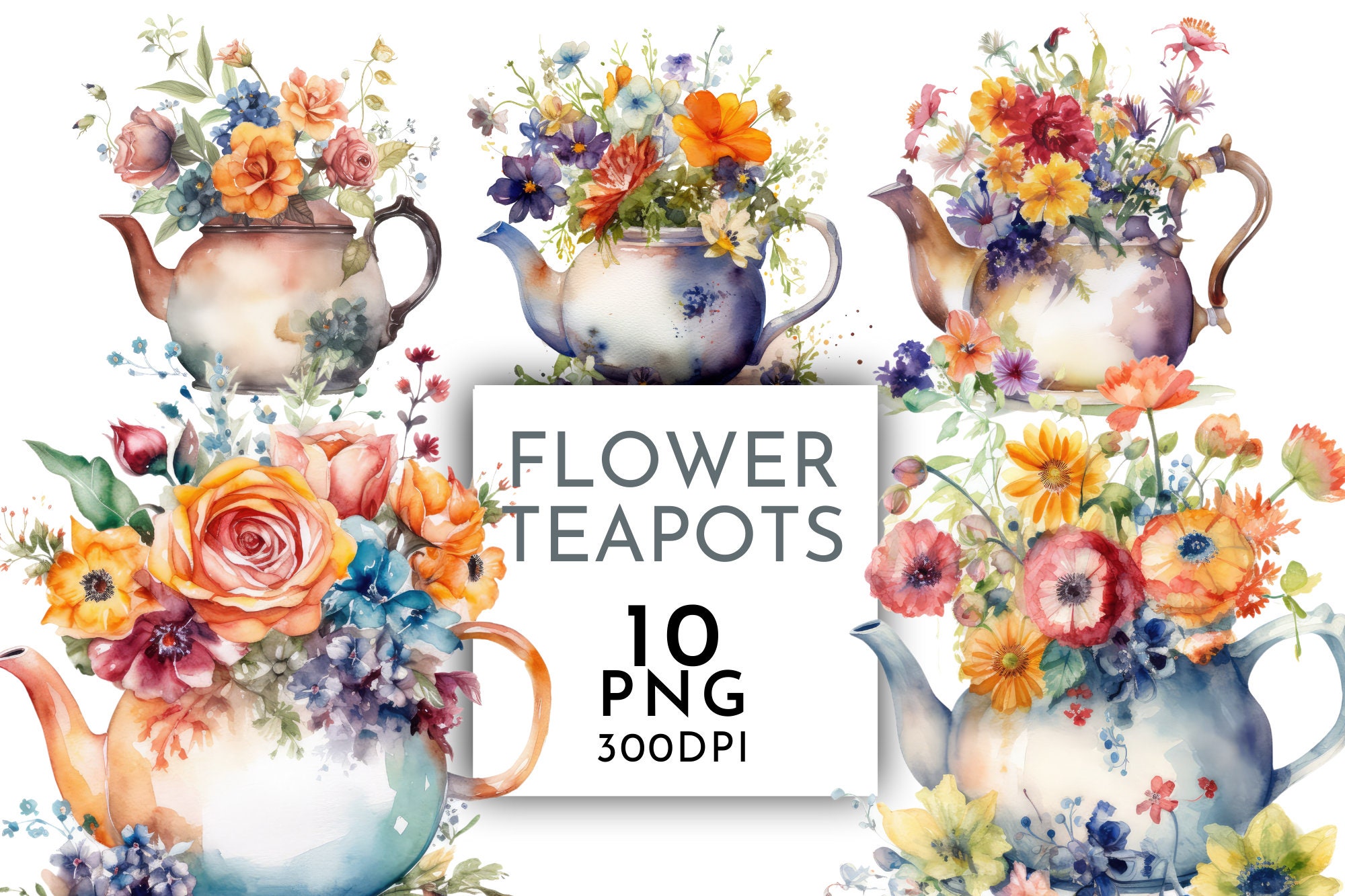 Teapots With Flowers Clipart PNG Junk Journaling Flower - Etsy