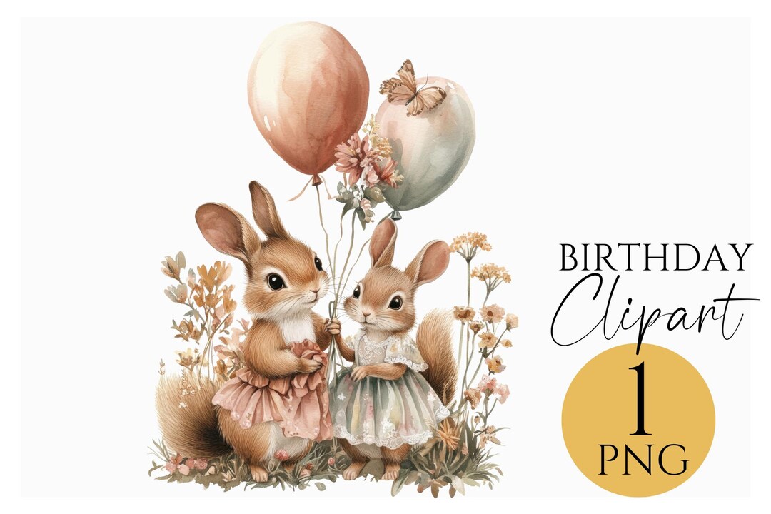Birthday Bunny Clipart PNG, Cute Woodland Rabbits With Balloons ...