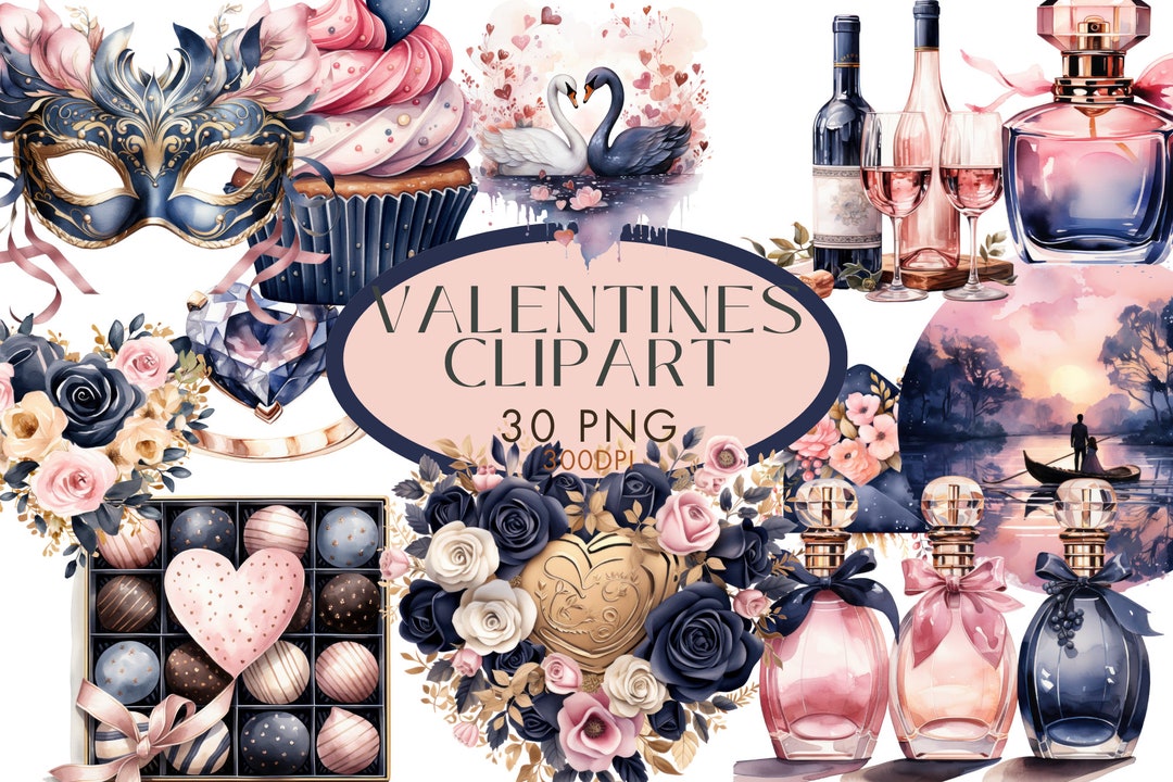 Pink Navy Valentine Clipart PNG Bundle, Sweet Love Romantic Watercolor ...