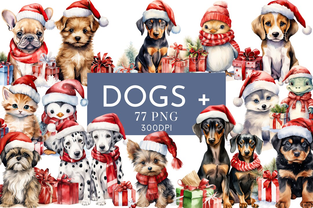 Dogs in Santa Hats Watercolor Clipart PNG Bundle, Big Bundle Animals ...