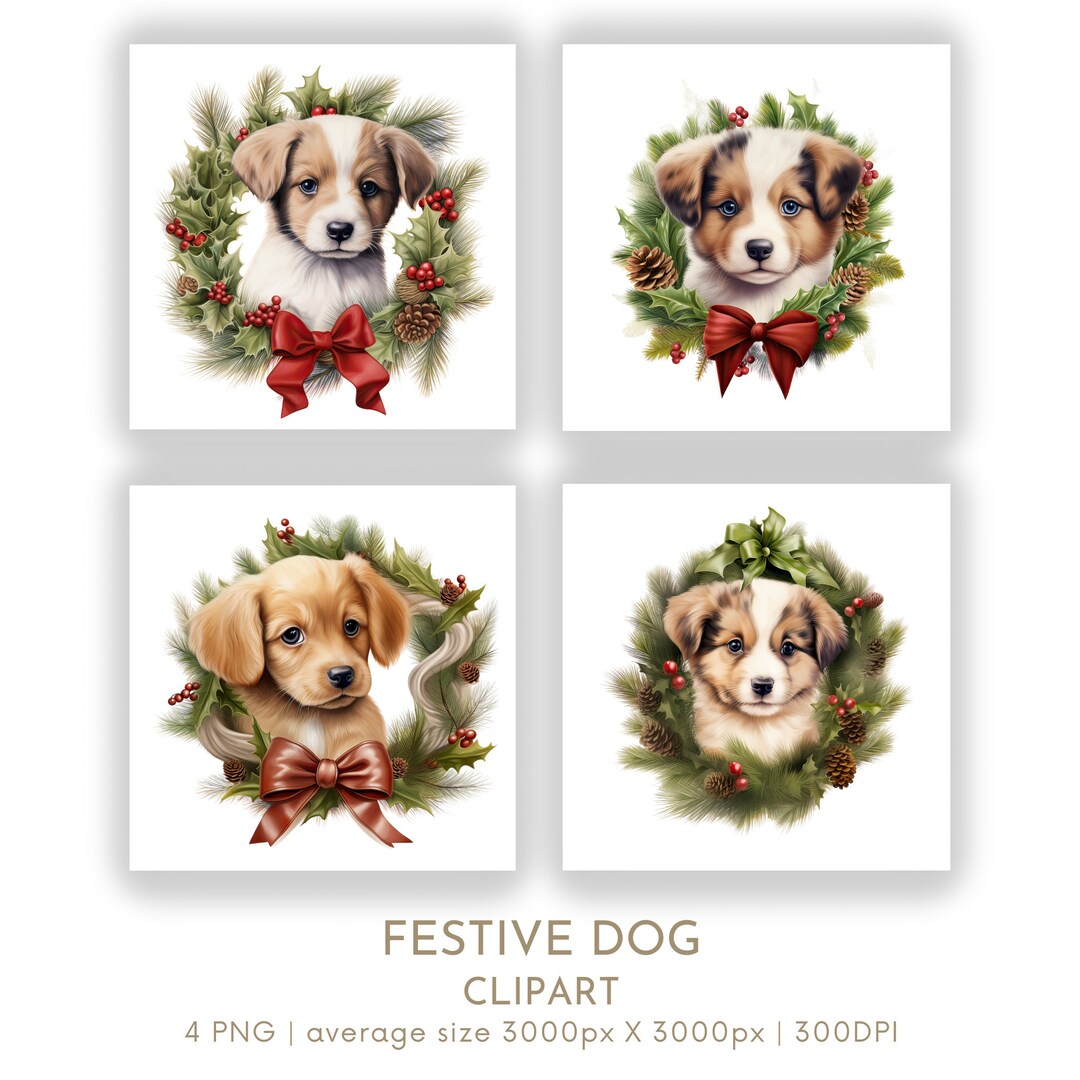 Festive Dog Watercolor Clipart PNG Set 4 , Christmas Xmas Clipart for ...