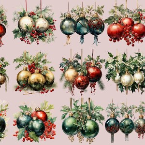 Watercolor Christmas Baubles Clipart PNG Bundle , Festive Holly Wine ...