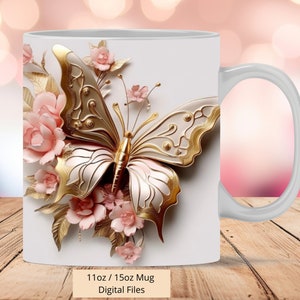 3D Golden Butterfly Floral Mug Wrap 11oz & 15oz Mug Template, Flower ...