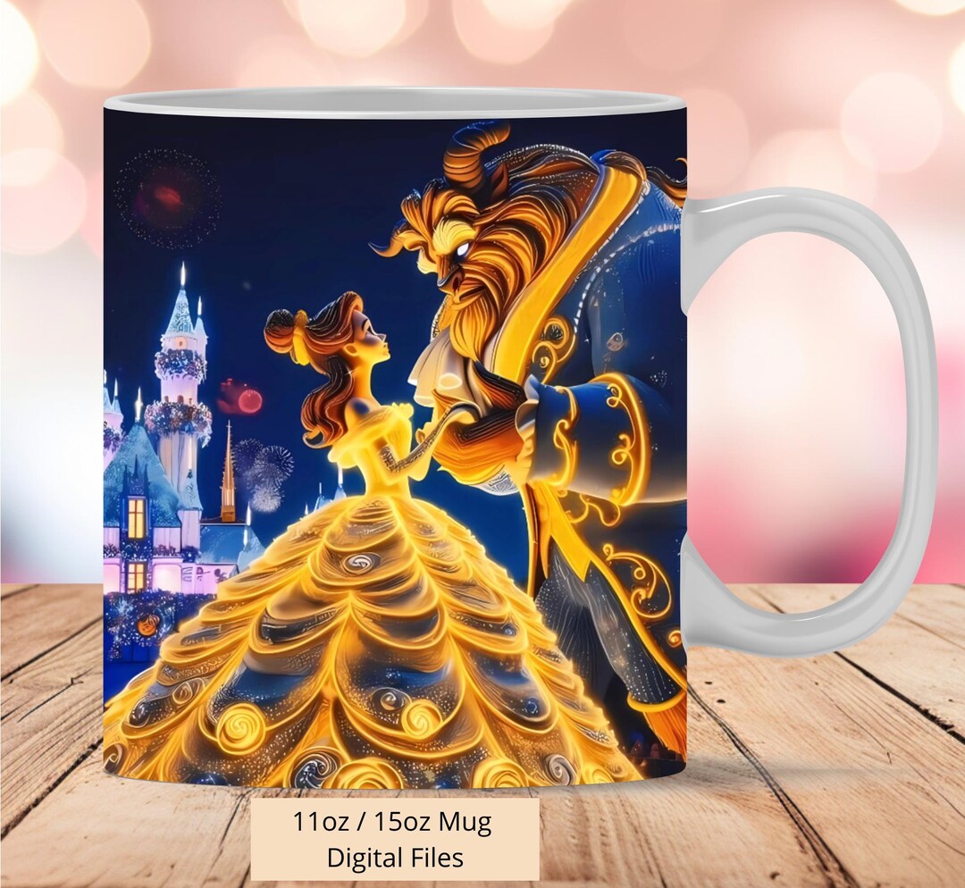 3D Belle and Beast Mug Wrap, 3D Mug Wrap Sublimation Design PNG, Mug ...