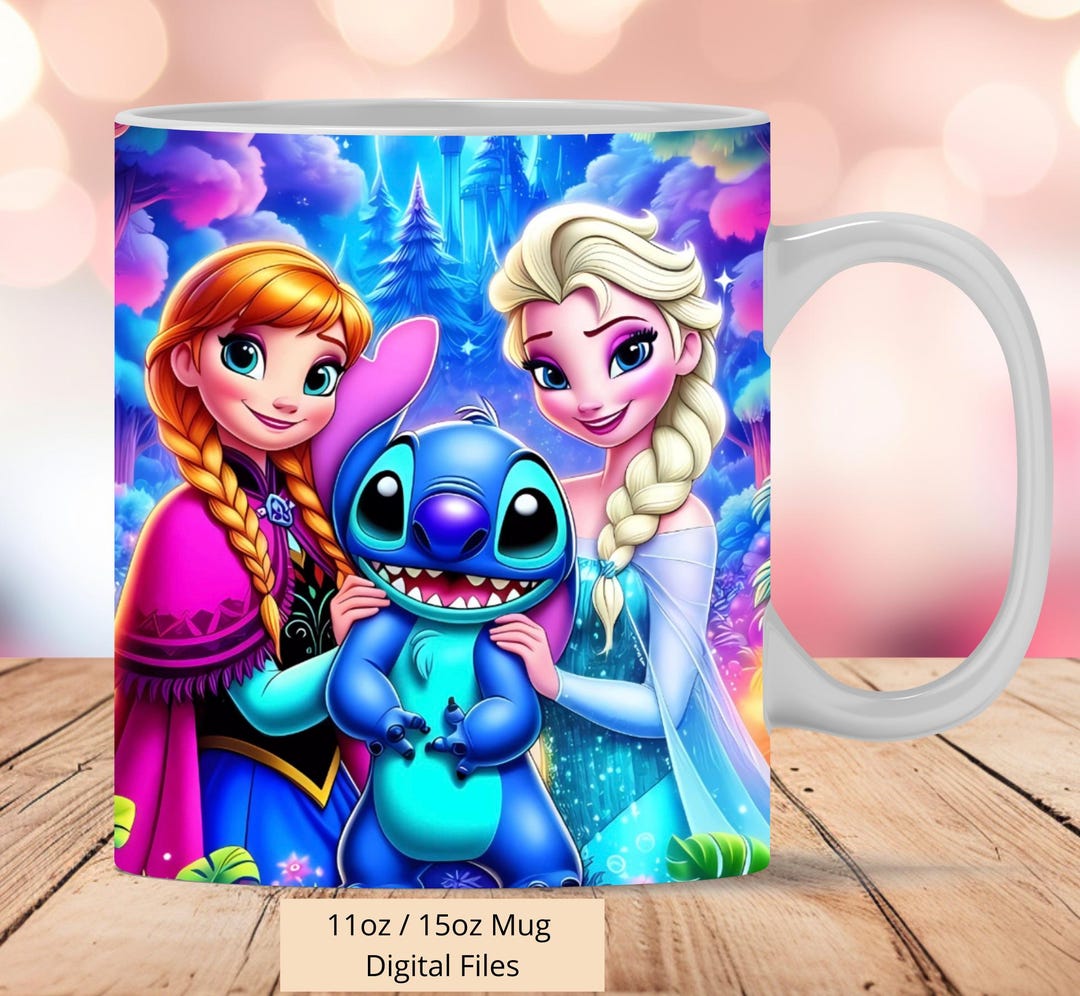 3D Princess Elsa, Anna and Stitch Mug Wrap, 3D Mug Wrap Sublimation ...
