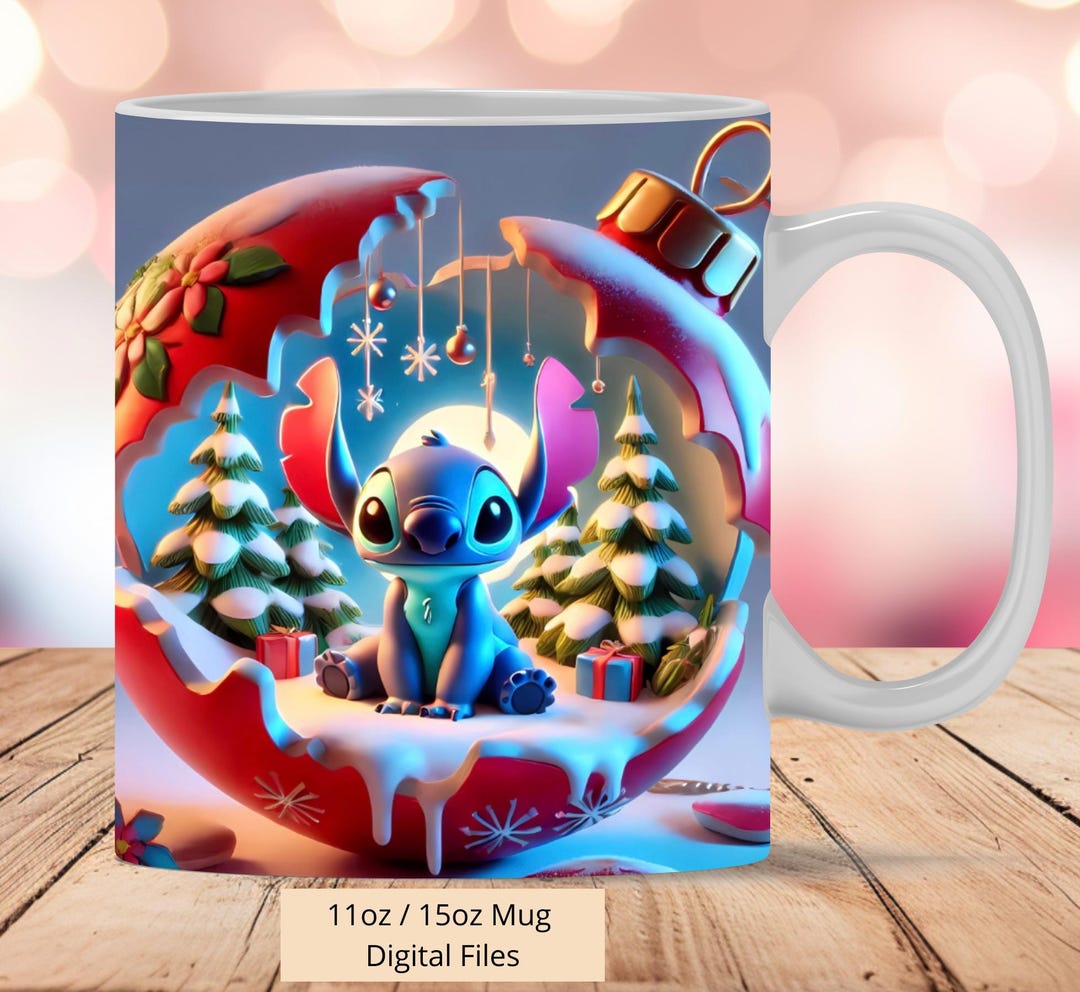 3D Cute Stitch Christmas Mug Wrap, 3D Stitch Mug Wrap Sublimation ...