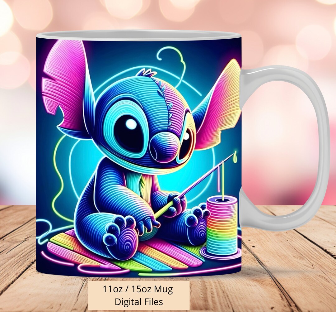 3D Cute Stitch Toy Mug Wrap, 3D Stitch Neon Mug Wrap Sublimation Design ...