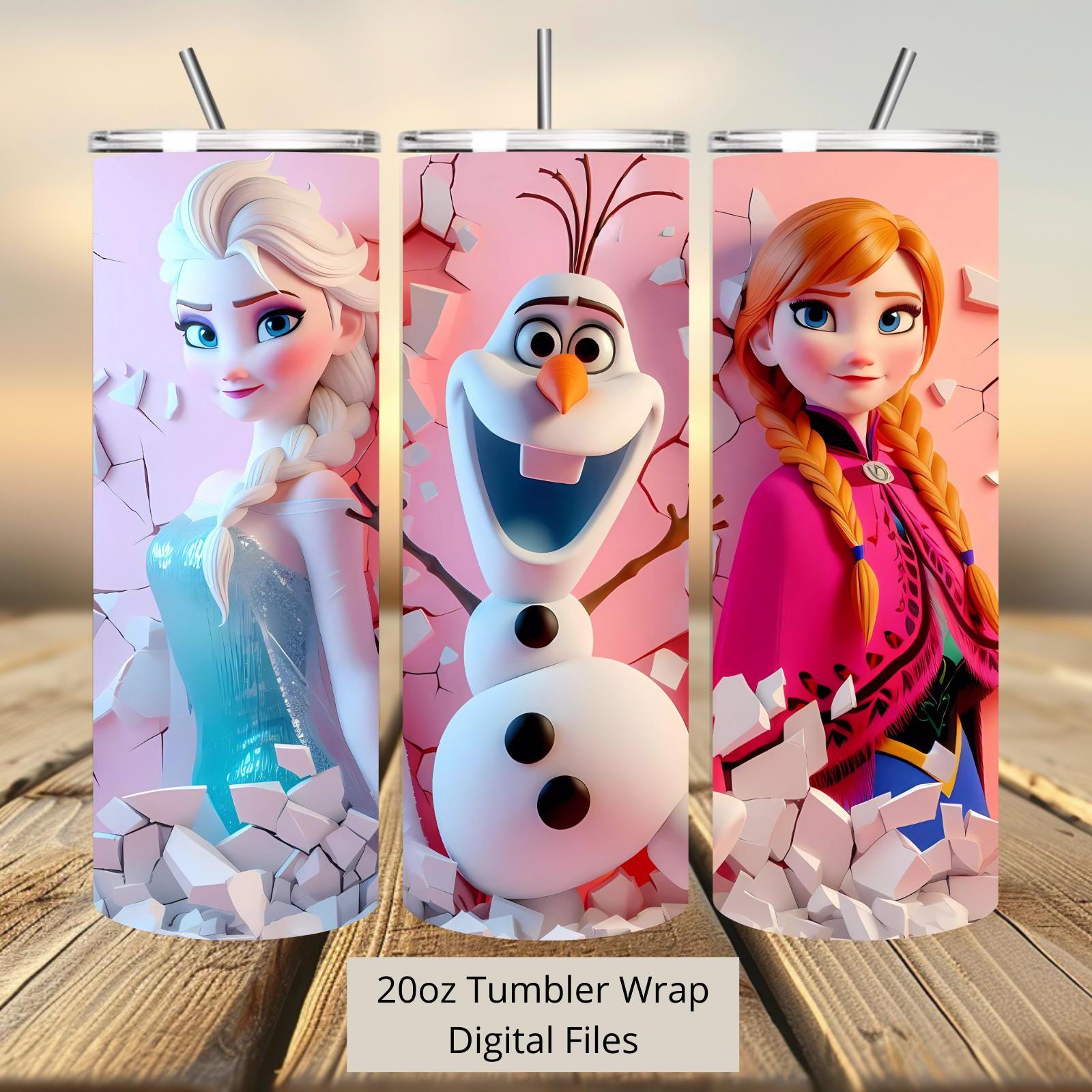 3D Elsa Anna and Olaf Cracked Hole Tumbler Wrap, Frozen Tumbler Wrap ...