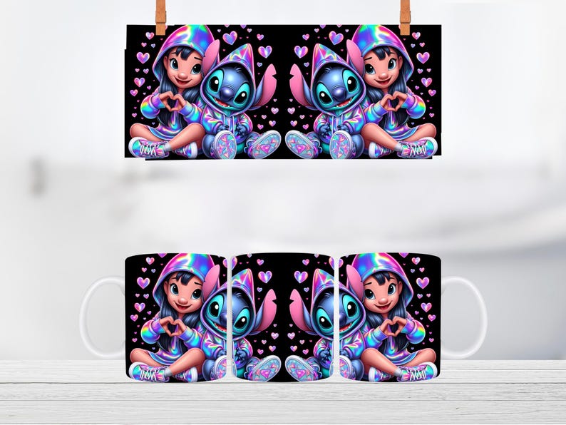 Motifs Cœurs Néon Lilo et Stitch en 3D pour Mug, Design par sublimation ...