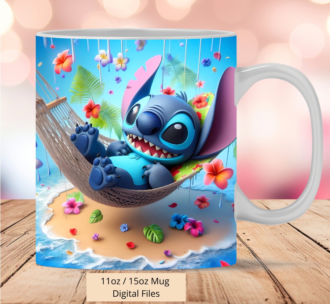 3D Cute Stitch Sleep in Beach Mug Wrap, 3D Stitch Mug Wrap Sublimation ...