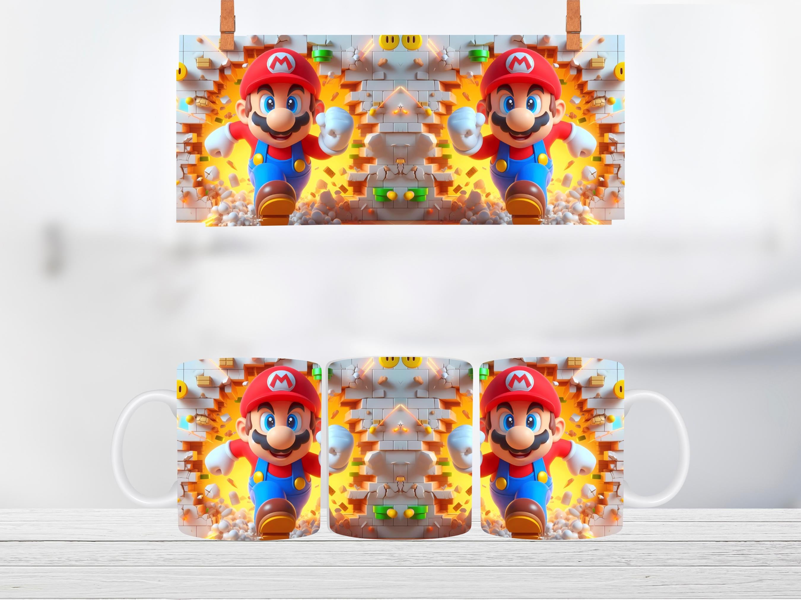 3D Super Mario Cracked Hole Shine Mug Wrap, 11oz & 15oz Mug Template ...