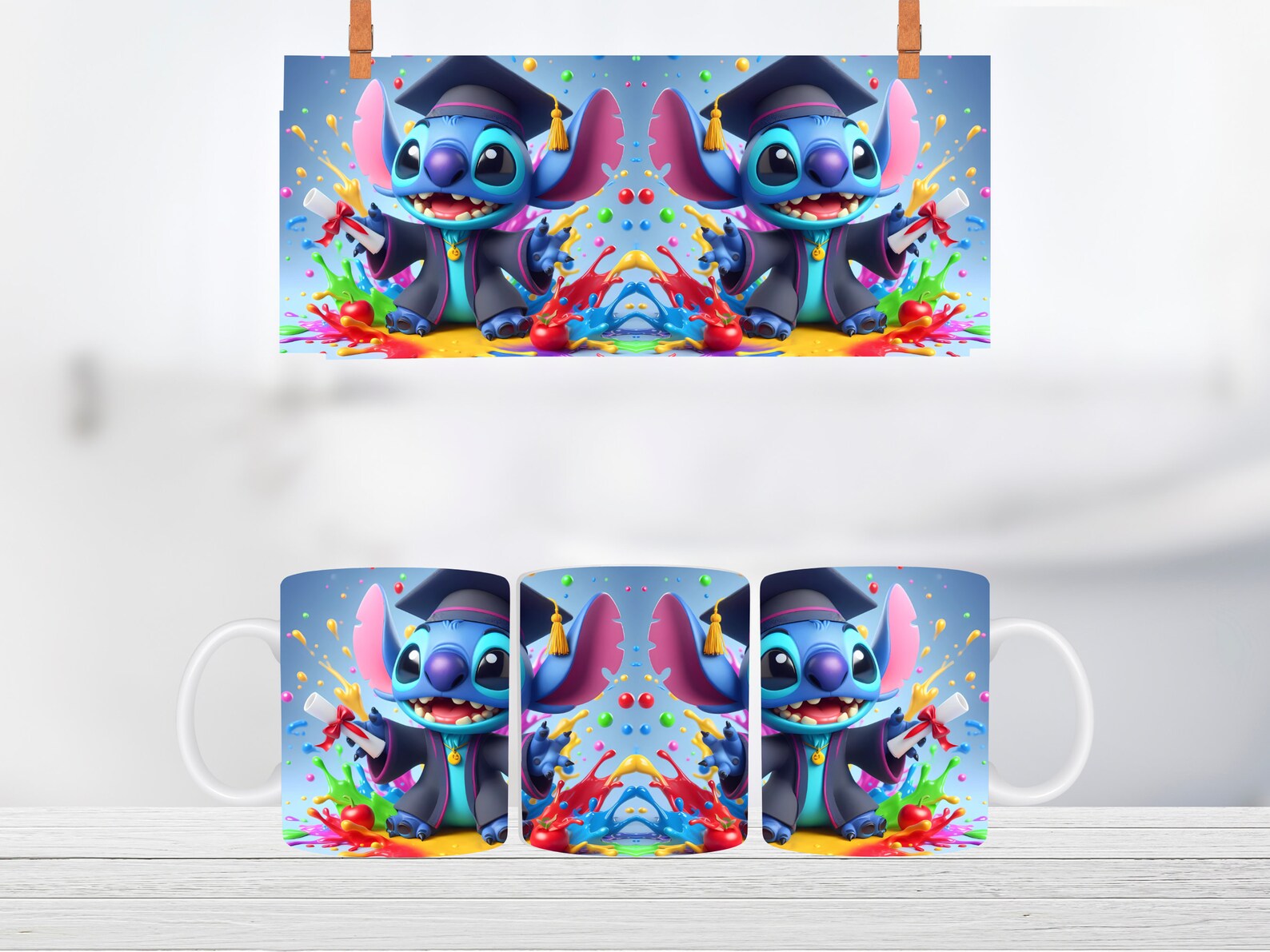 3D Cute Stitch Graduation Mug Wrap, 3D Stitch Mug Wrap Sublimation ...