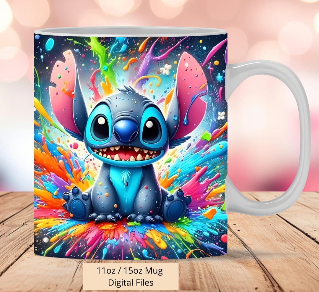 3D Cute Stitch Colorful Splash Mug Wrap, 3D Mug Wrap Sublimation Design ...